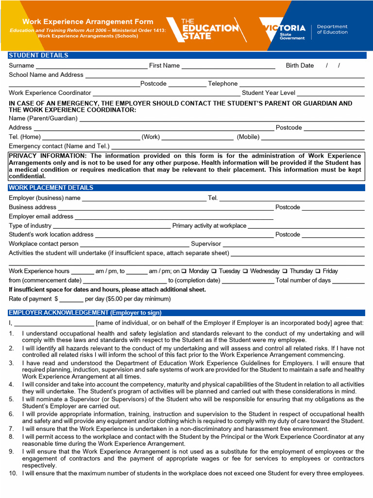 Work Experience Arrangement Form | PDF