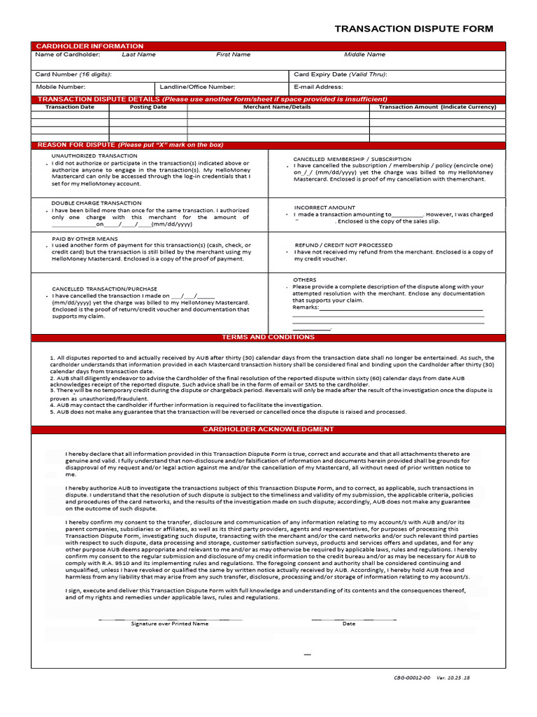 Dispute Form XXXX | PDF