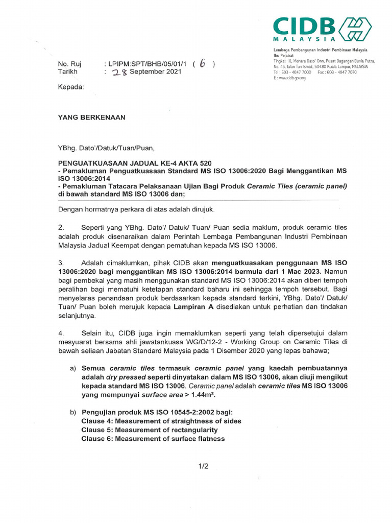 Surat-Pemakluman-MS-ISO-13006-2020-and-Thin-Tiles | PDF