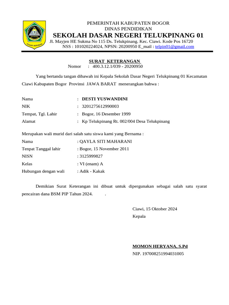 Telpin - 15102024 - Surat Keterangan Wali - Qayla | PDF