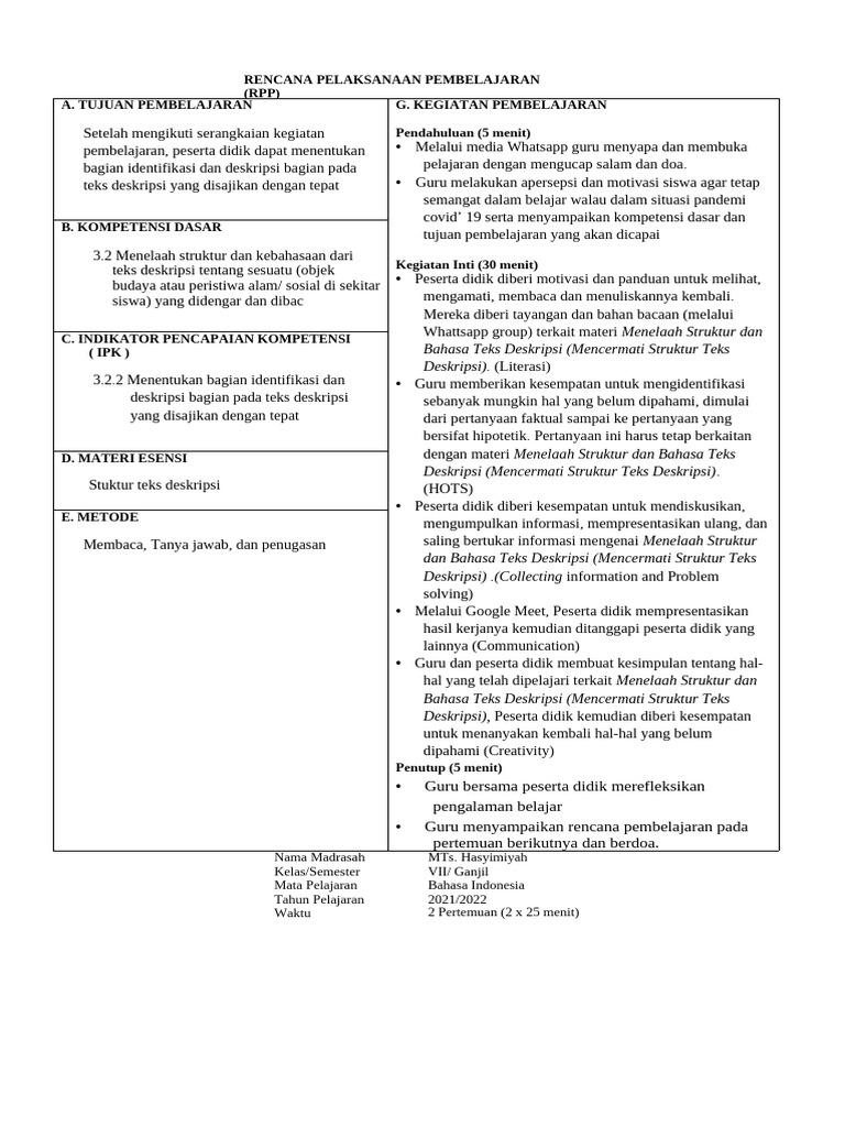 Rencana Pelaksanaan Pembelajaran (RPP) A. Tujuan Pembelajaran G ...
