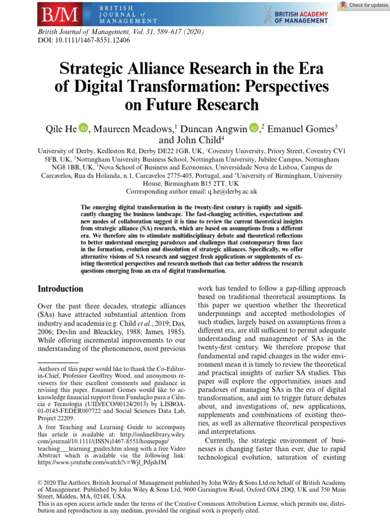 Strategic Alliance Research in The Era of Digital Transformation Perspectives On | PDF