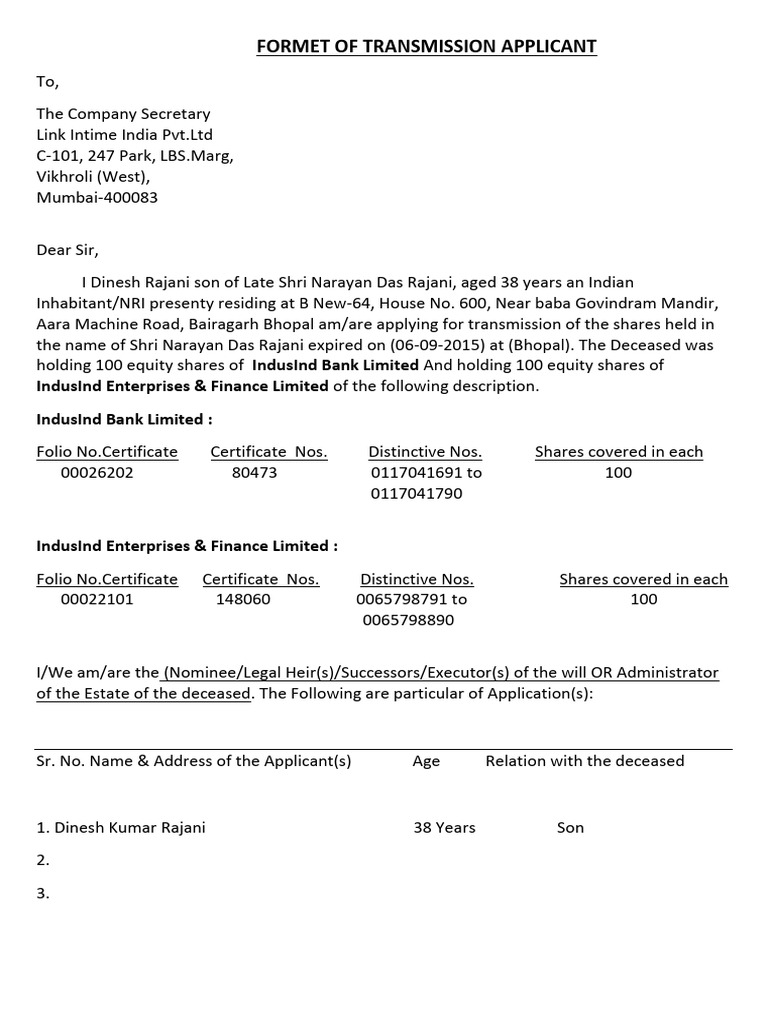 FORMET OF TRANSMISSION APPLICANT | PDF