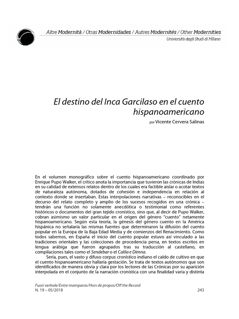 El Destino Del Inca Garcilaso en El Cuento Hispanoamericano | PDF