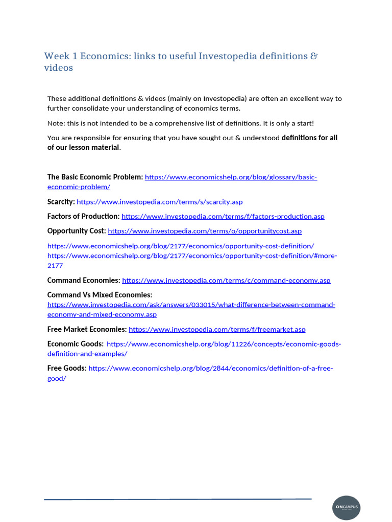 Week 1 Economics Useful Definitions | PDF