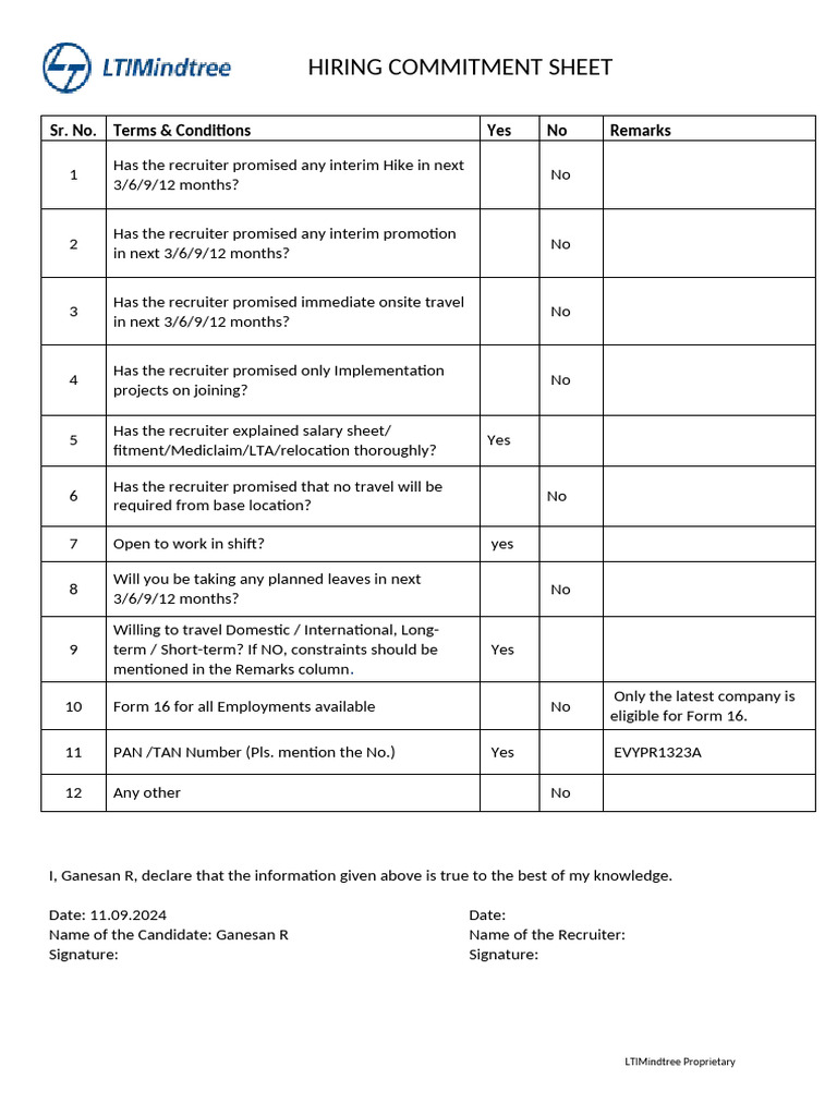 Hiring Commitment Sheet | PDF