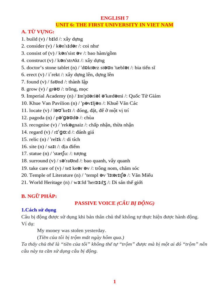 Bài tập Anh 7 theo unit E7 UNIT 6 | PDF