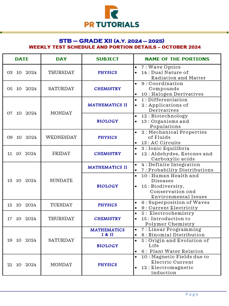 STB-XII-WEEKLYT TEST SCHEDULE AND PORTION DETAILS – OCTOBER | PDF