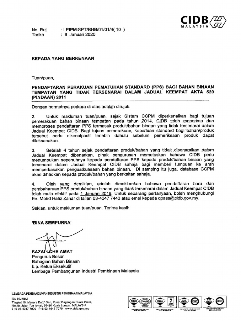 39 Pemakluman Pendaftaran PPS Hanya Untuk Bahan Binaan Dalam J4 CIDB ...