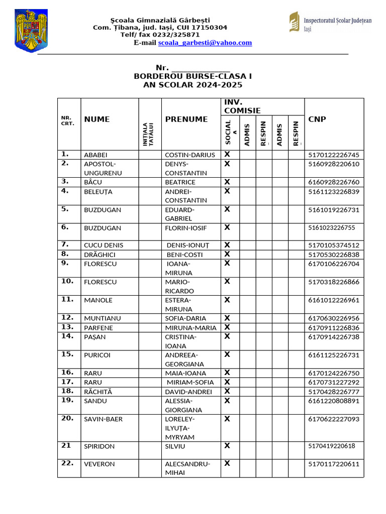 Borderou Burse Școlare - Clasa I | PDF