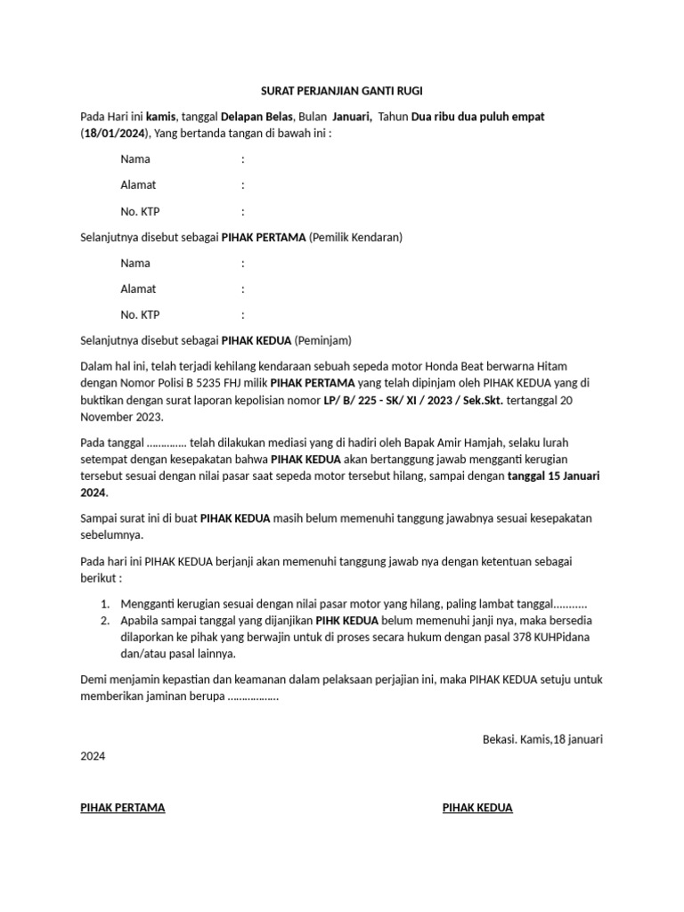 Surat Perjanjian Ganti Rugi | PDF
