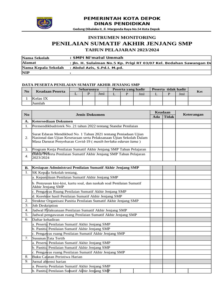 Instrumen Monev Penilaian Sumatif Akhir Jenjang SMP Tahun 2024 | PDF