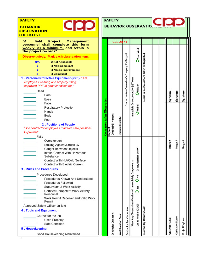 5-Weekly SBOI Safe Behavior Observation Checklist | PDF