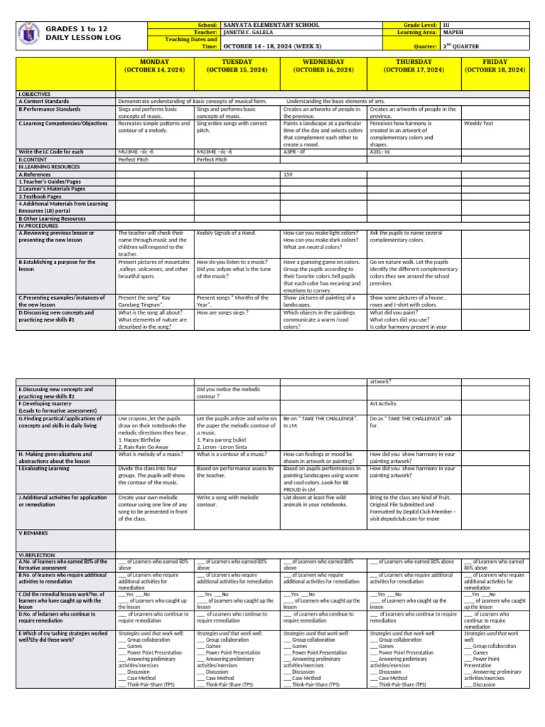 DLL - Mapeh 3 - Q2 - W3 | PDF
