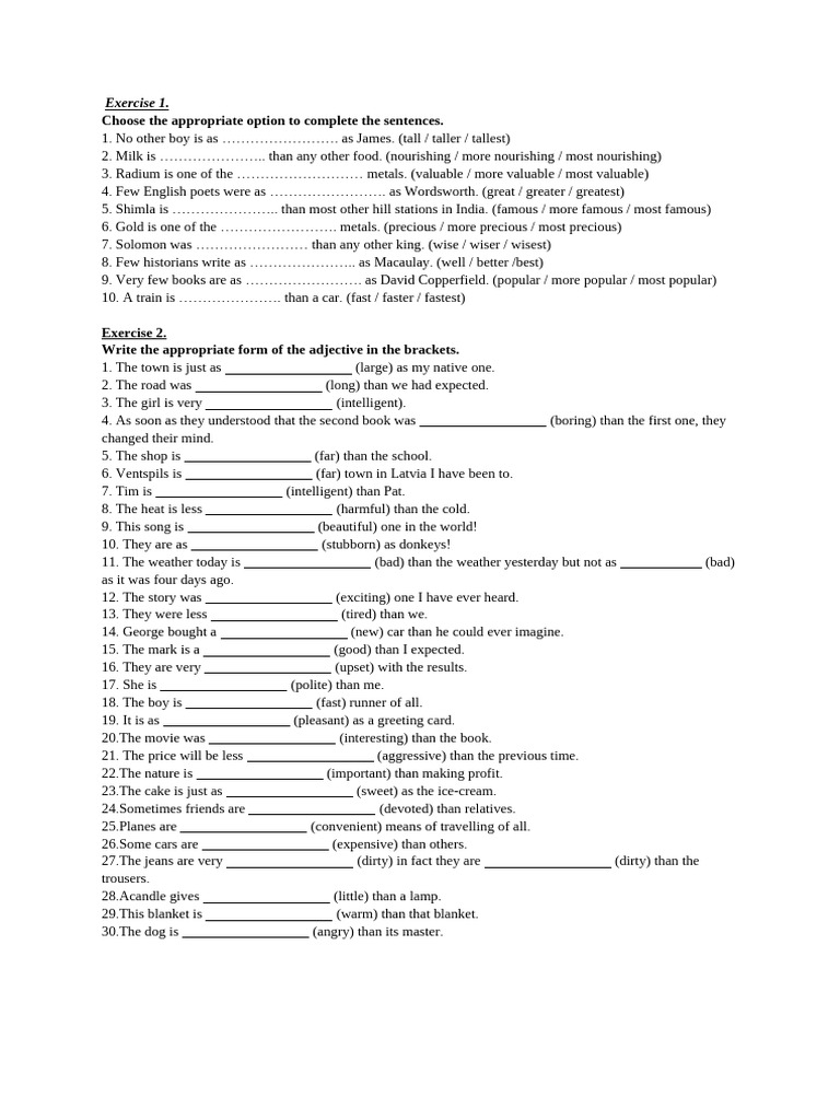 Exercise Degree of Comparison | PDF