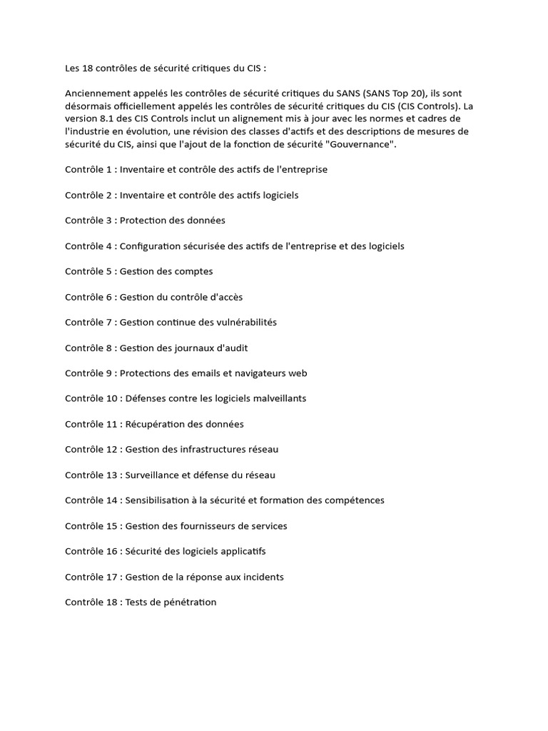 CIS - 18 Contrôles de Sécurité Critiques Du CIS | PDF