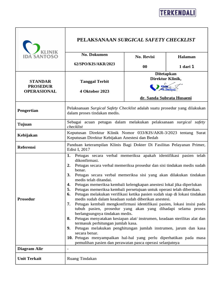 Spo Pelaksanaan Surgical Safety Checklist | PDF