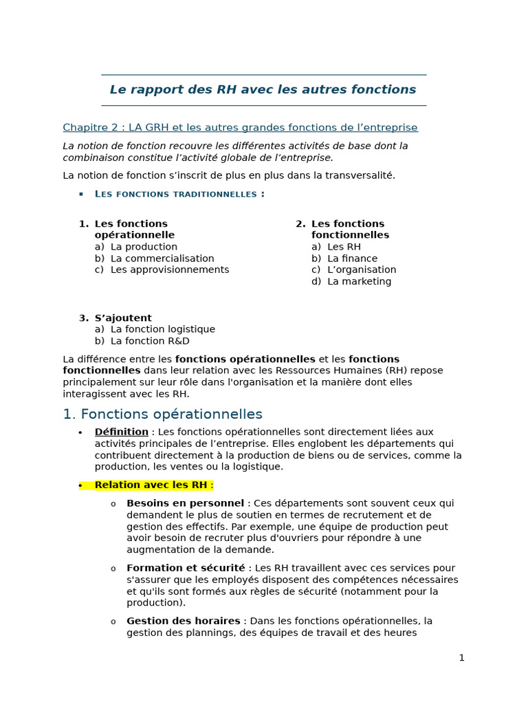 Cours 2 - La GRH et les autres grandes fonctions de l'entreprise | PDF