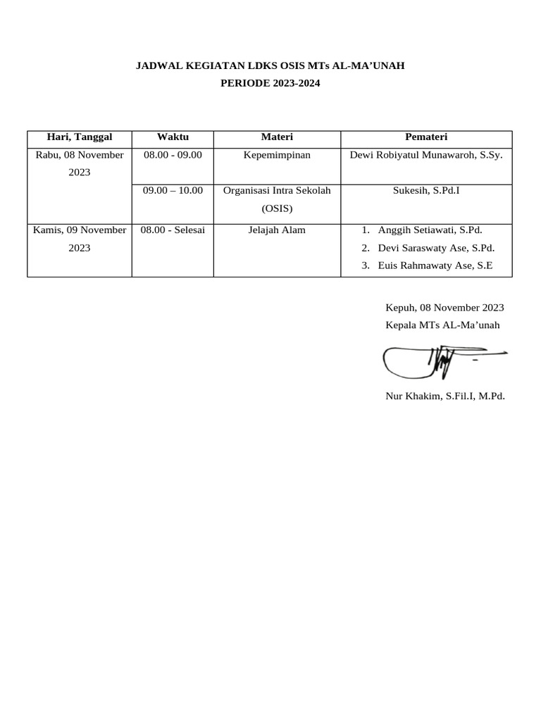 Jadwal Kegiatan LDKS Osis 2023 | PDF