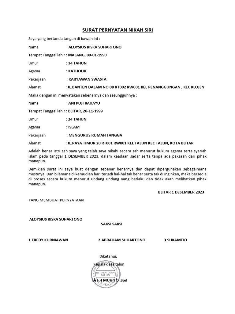 SURAT PERNYATAN NIKAH SIRI | PDF