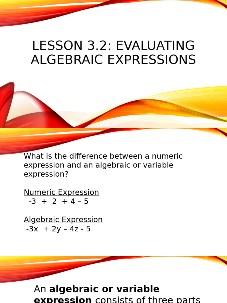 Evaluating Algebraic Expressions | PDF | Algebra | Teaching Methods ...