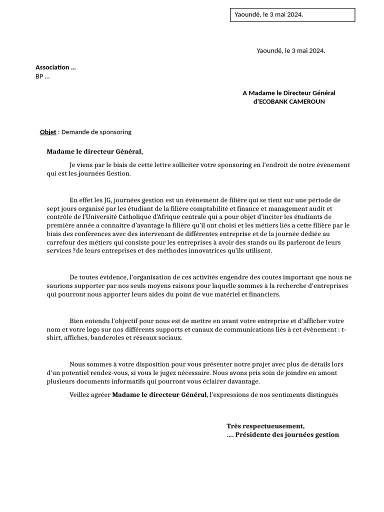 Lettre de Demande de Sponsoring | PDF