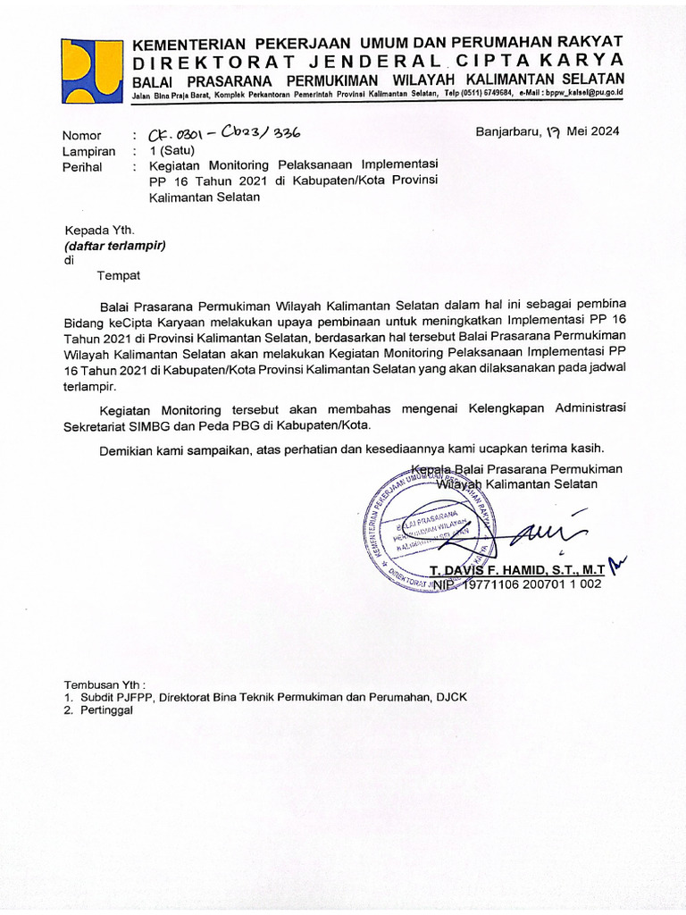 Surat Pemberitahuan Monev PP. 16 Tahun 2021 Kab. Tapin | PDF