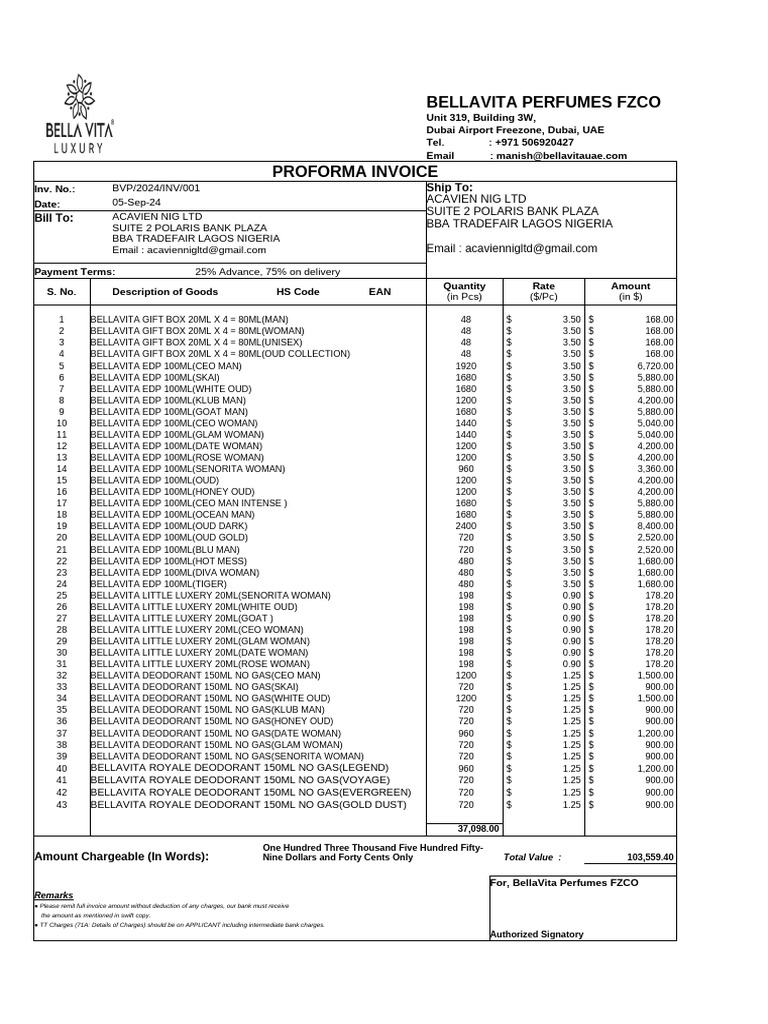 Excel - BVP FZCO Invoice & Packing List AED | PDF