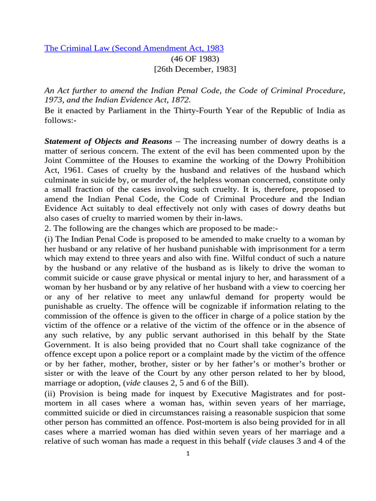 Act 46 of 83 Insertion of 498A in Ipc | PDF | Bail | Criminal Procedure In South Africa