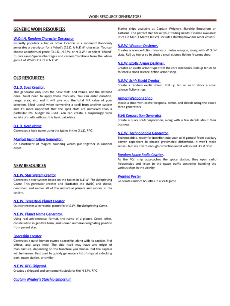 WOIN Resource Generators List | PDF