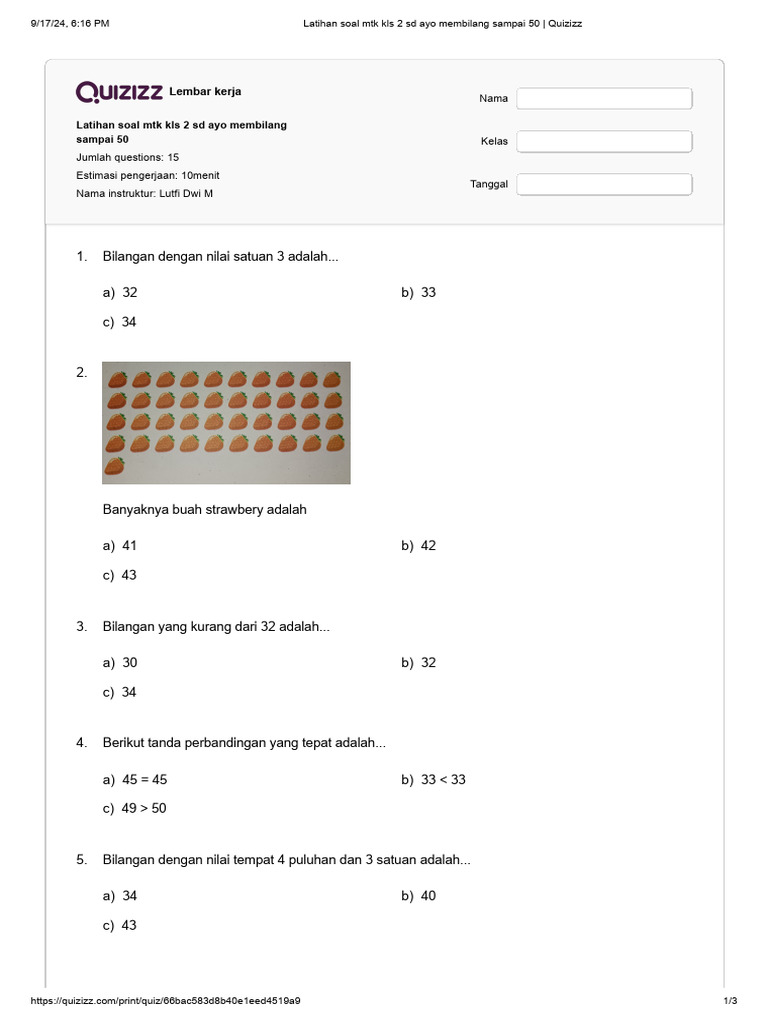 Latihan Soal MTK Kls 2 SD Ayo Membilang Sampai 50 - Quizizz | PDF