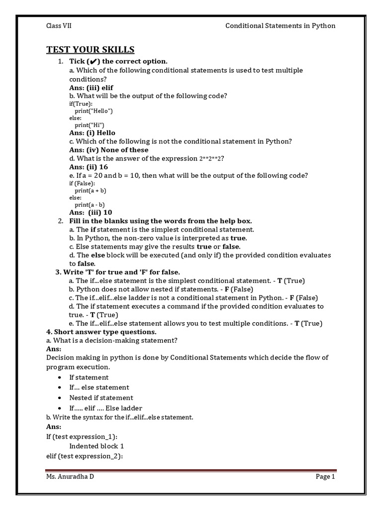 Ch 9 Decision Making Statements Back Questions | PDF