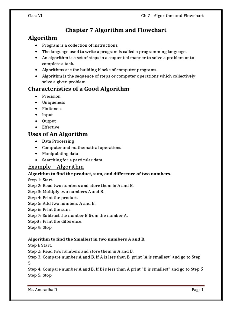 Class 6 Algorithm and Flowchart 093325 | PDF