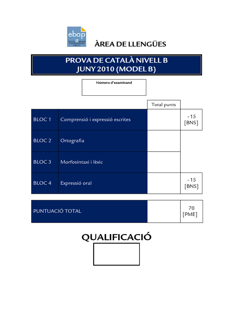 2010 (Juny) Prova Nivell B Model B | PDF