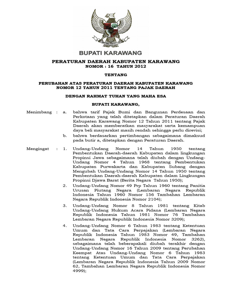 Perda Kab Karawang No.16 TH 2012 PERUBAHAN ATAS PERATURAN DAERAH KABUPATEN KARAWANG | PDF