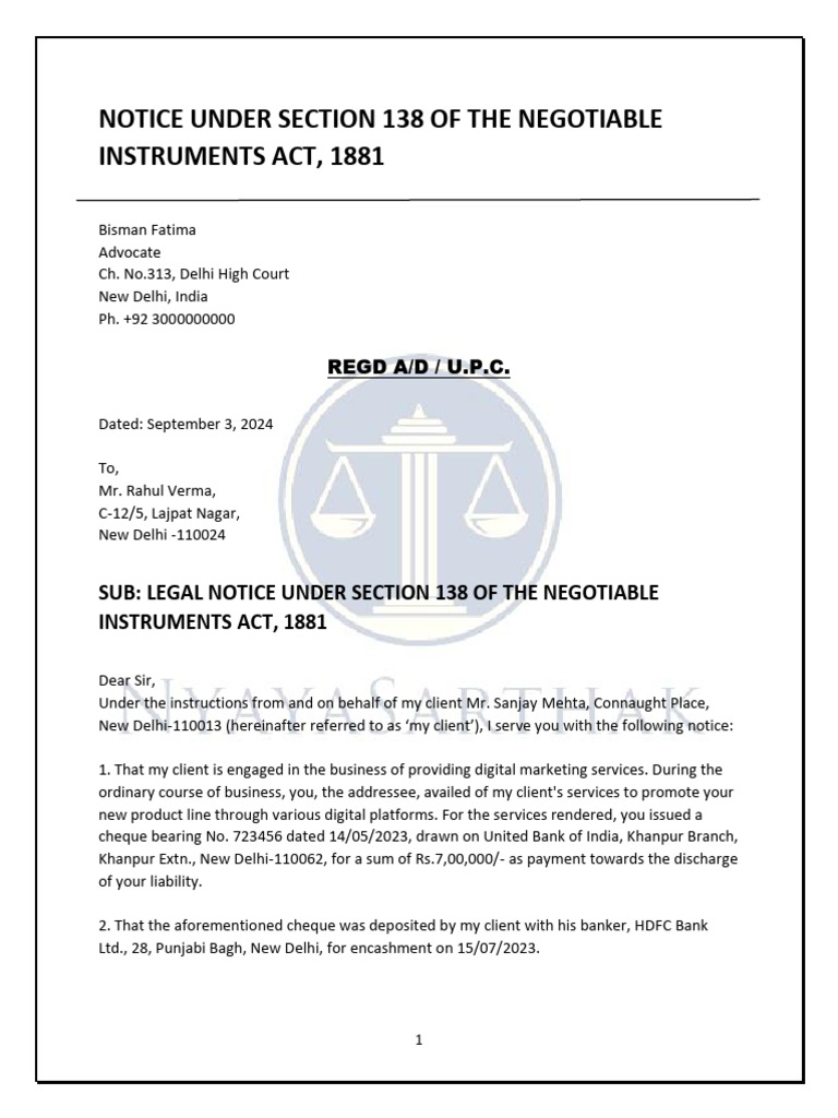Legal Notice - Section 138 NI Act 1881 - NyayaSarthak India | PDF