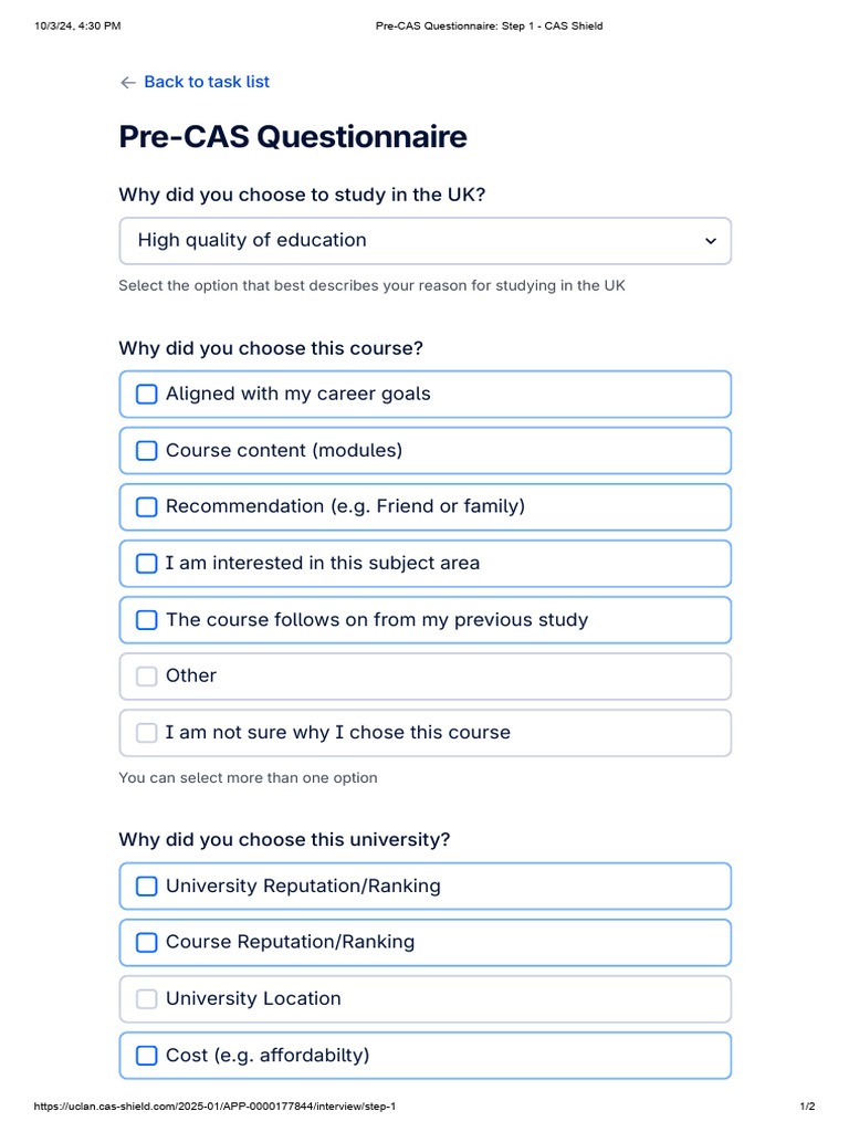 Pre-CAS Questionnaire - Step 1 | PDF