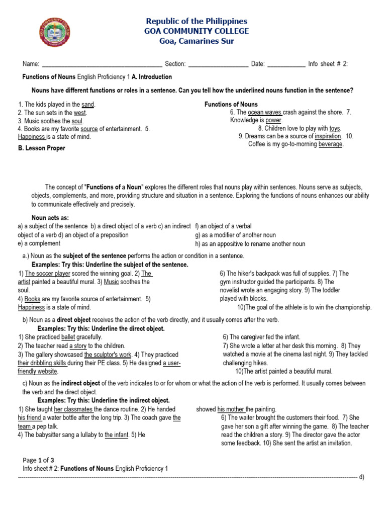 Infosheet No. 2_Functions of Nouns | PDF Infosheet No. 2_Functions of Nouns | PDF