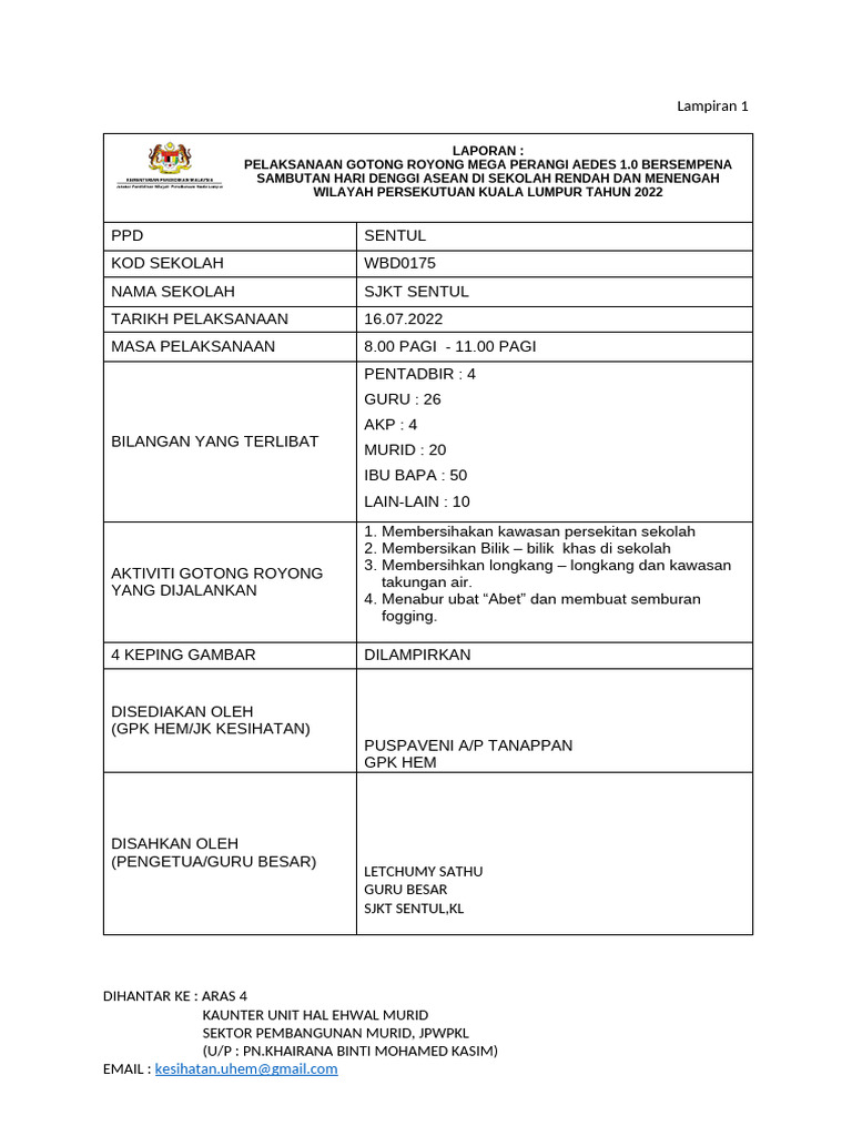 Borang Laporan Gotong Royong Mega SJKT Sentul | PDF