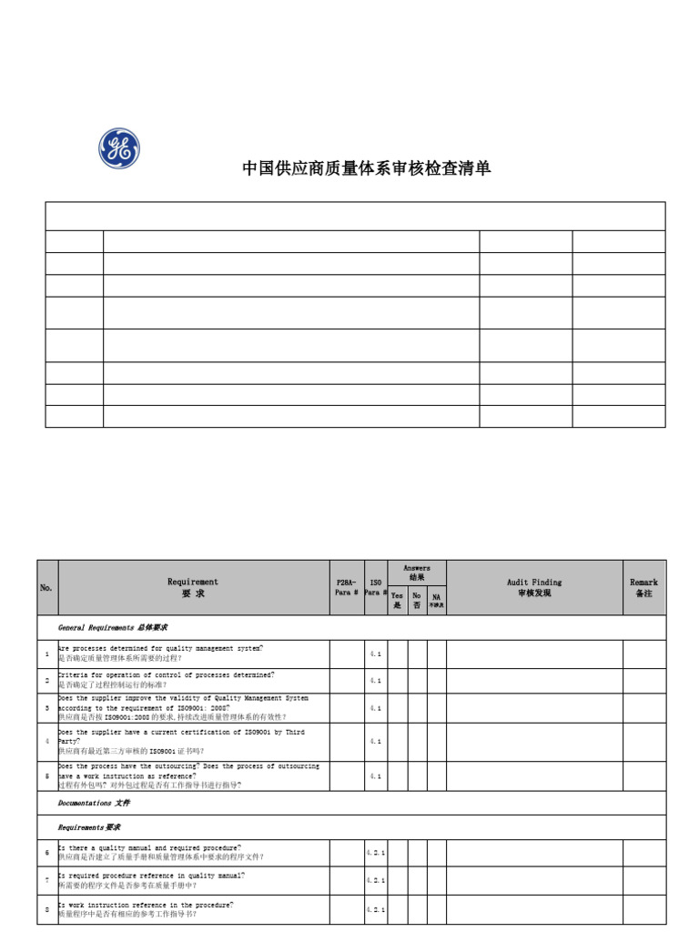 SDC-F0001 China Supplier Quality System Audit Checklist-Revision E | PDF