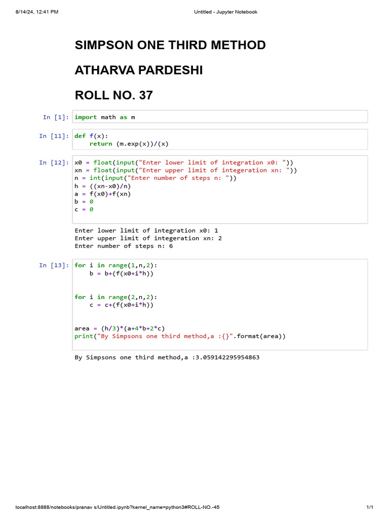 Simpson One Third Method Atharva Pardeshi Roll No. 37: Import As Def Return | PDF