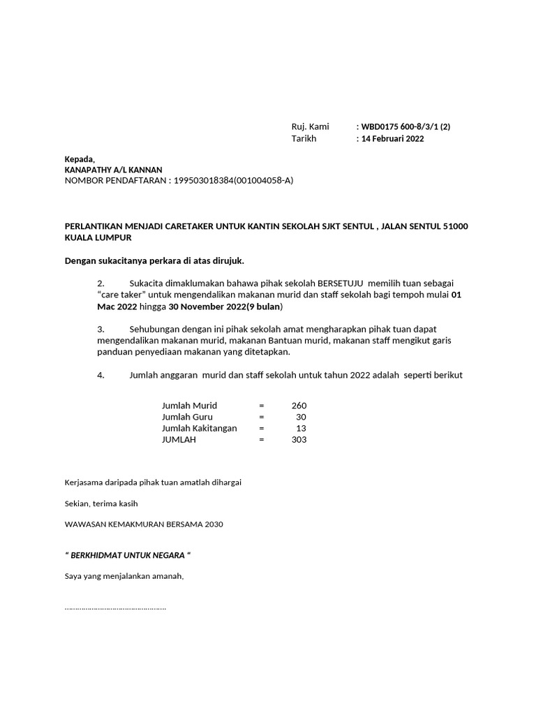 Caretaker Appointment for SJKT Sentul | PDF