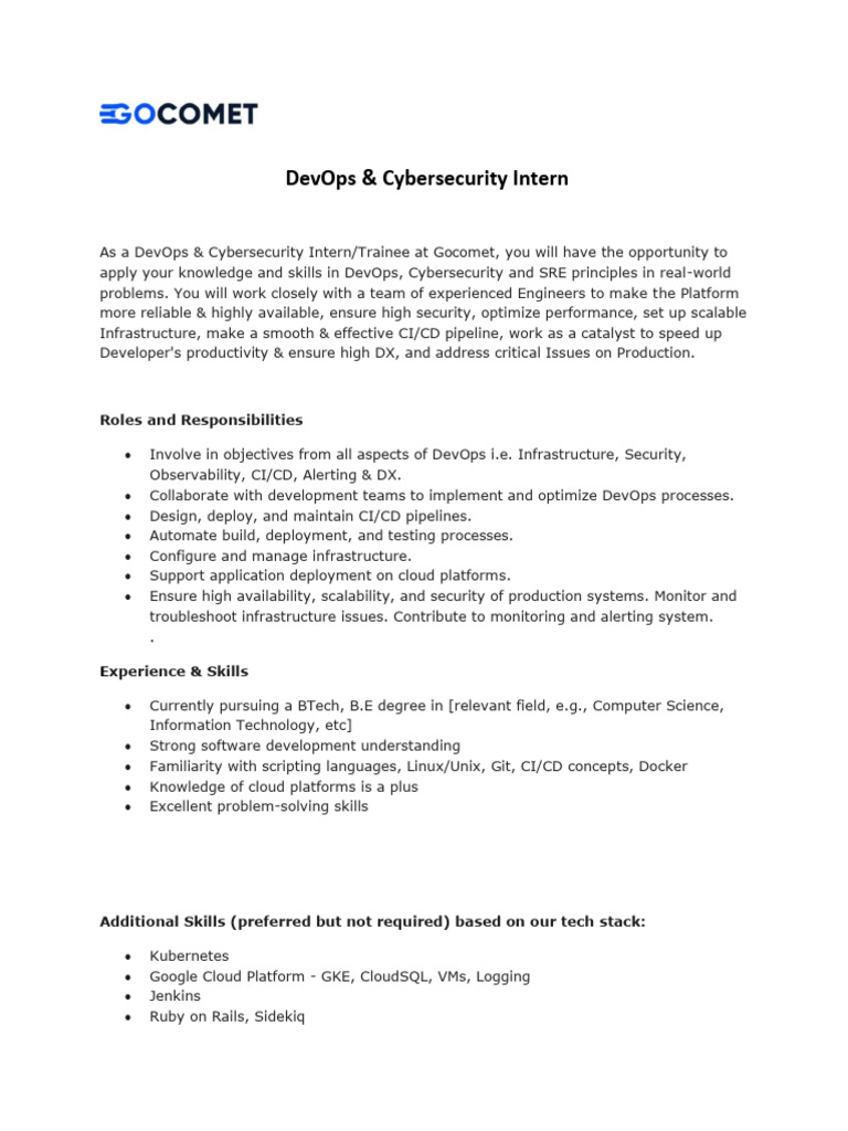 DevOps & Cybersecurity Intern - Job Description | PDF