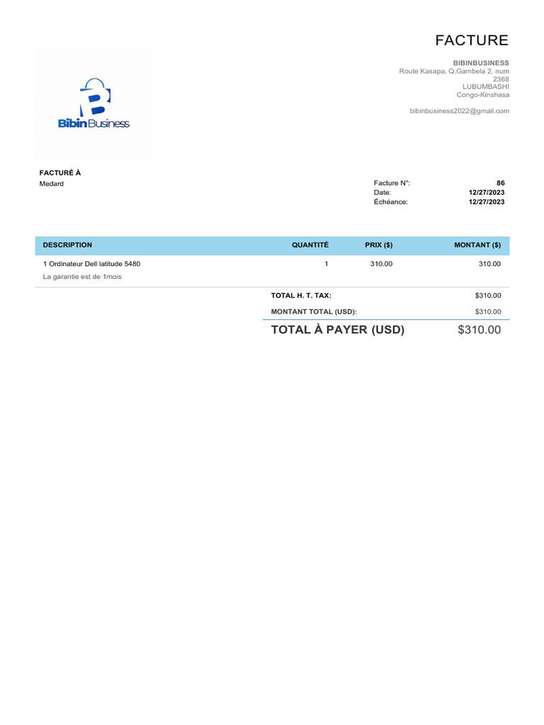 Facture: Total À Payer (Usd) | PDF