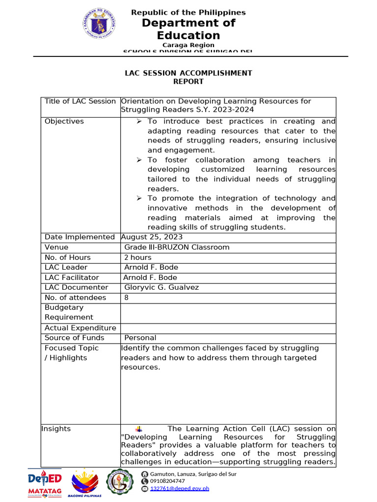 LAC Session Accomplishment Report Orientation On Classroom Observation ...