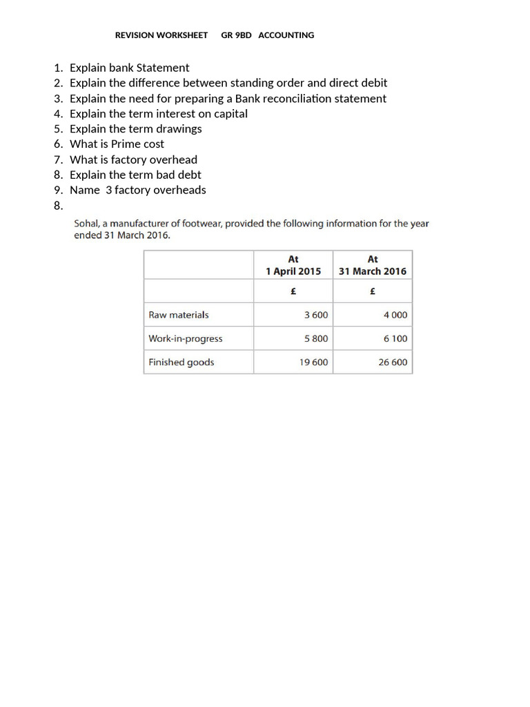 Revision Worksheet | PDF