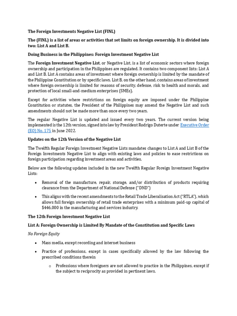 The Foreign Investments Negative List | PDF