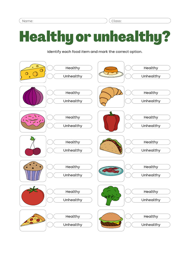 Colorful Illustrative Healthy and Unhealthy Food Worksheet | PDF