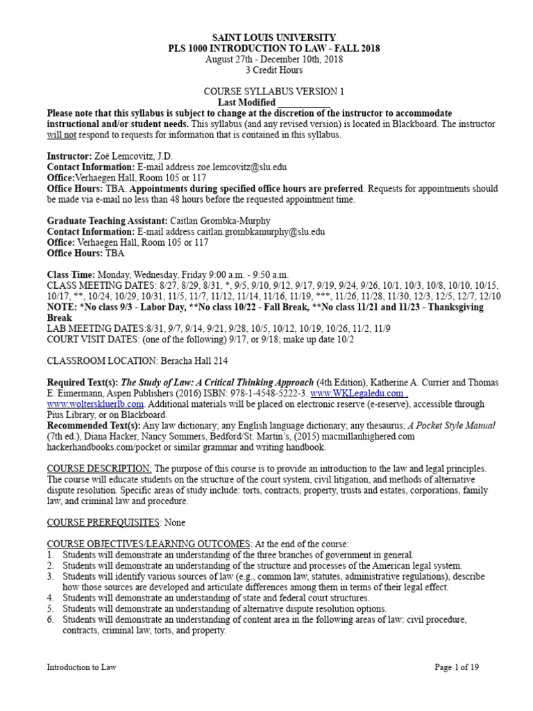 Intro To Law Syllabus - SLU | PDF