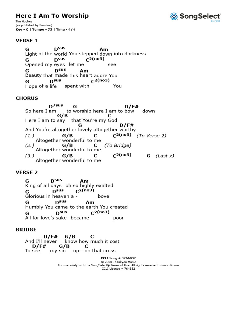 Here I Am To Worship-chords-G | PDF